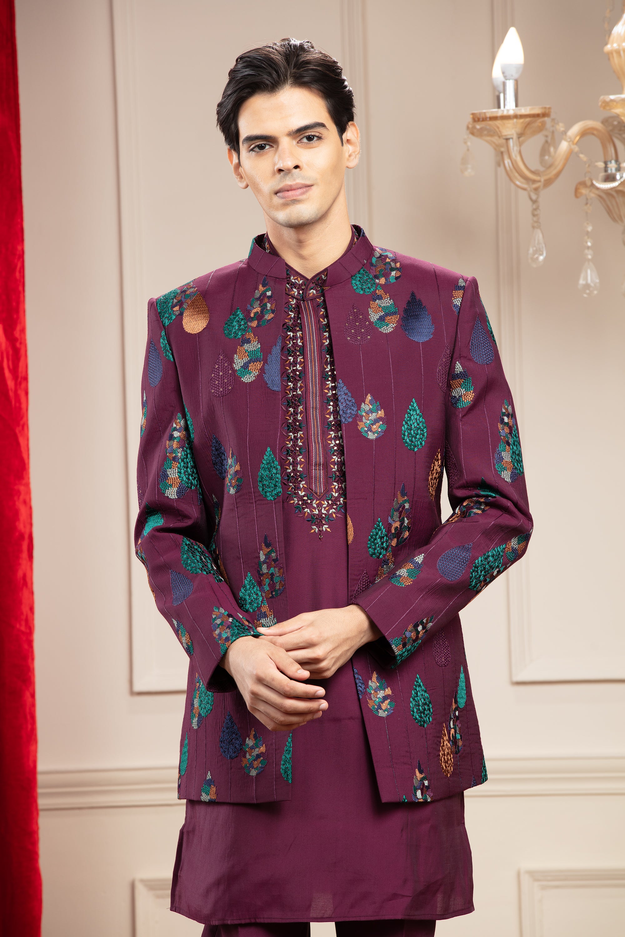 Maroon Open Jodhpuri Set with Resham and Computer Embroidery