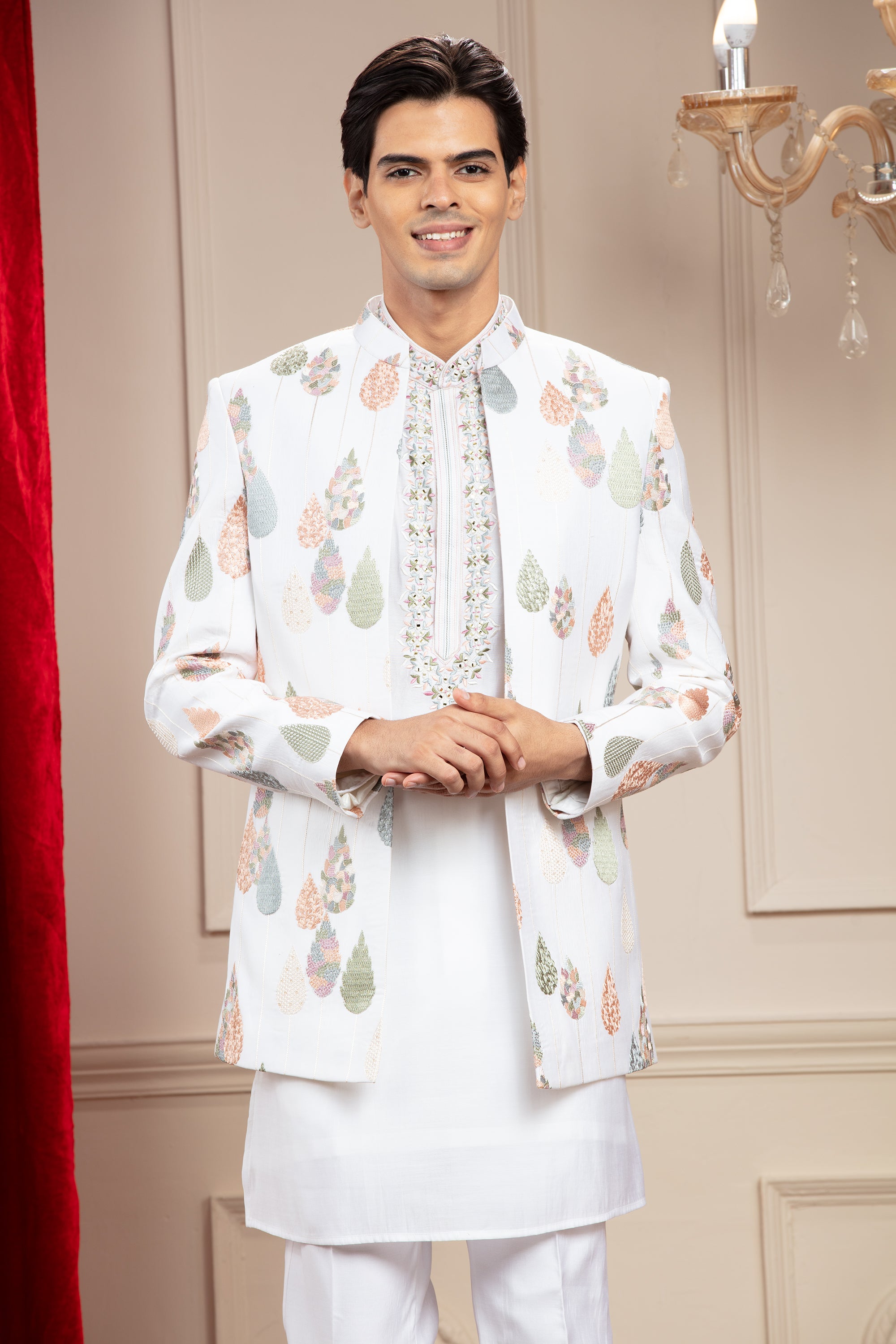 Milky White Open Jodhpuri Set with Resham and Computer Embroidery