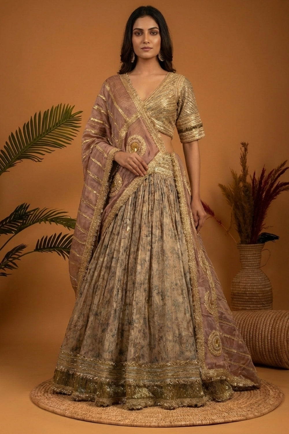 Golden Crush Tissue Lehenga Set with Lampi Border
