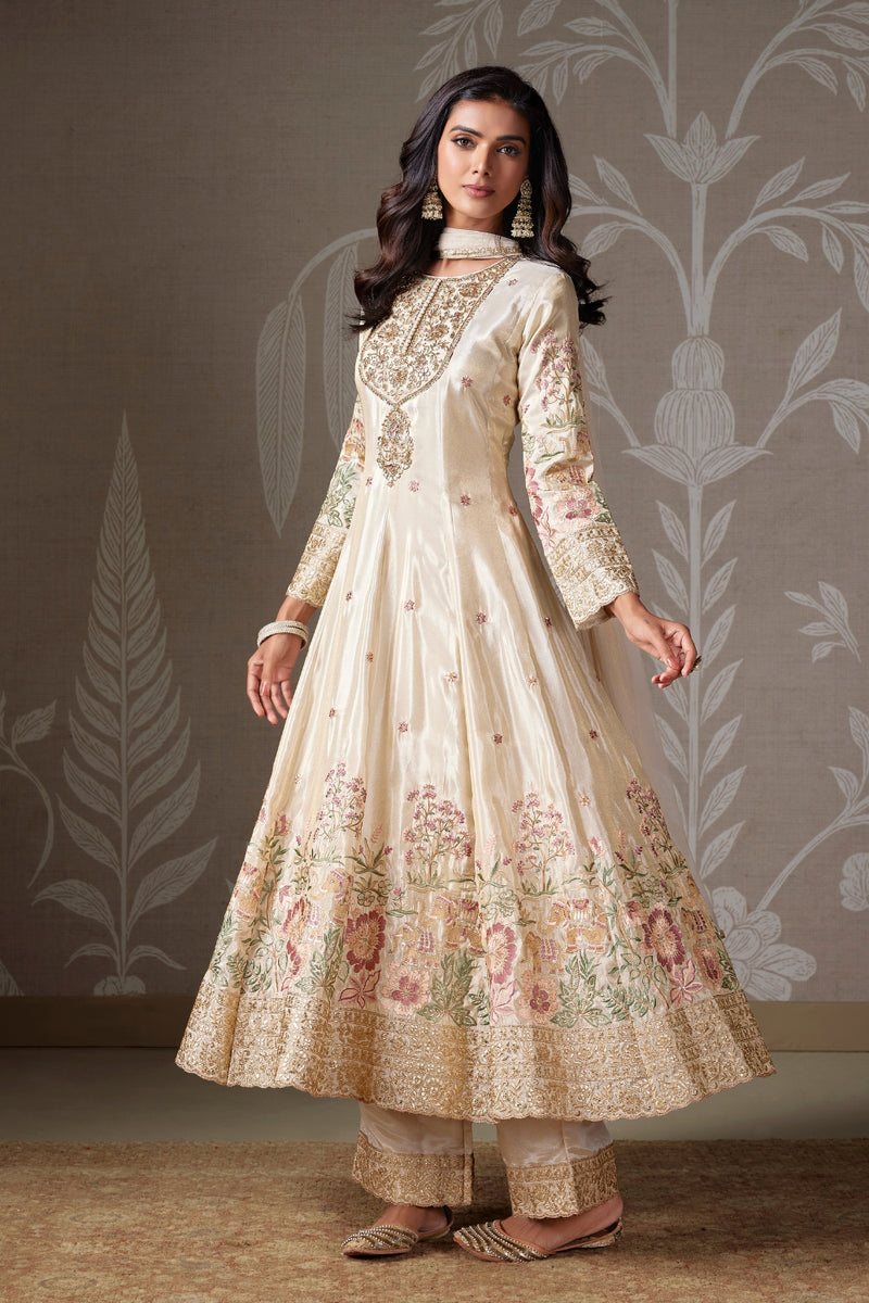 IVORY TISSUE SILK ANARKALI SUIT WITH CUTDANA AND GOTTA PATTI