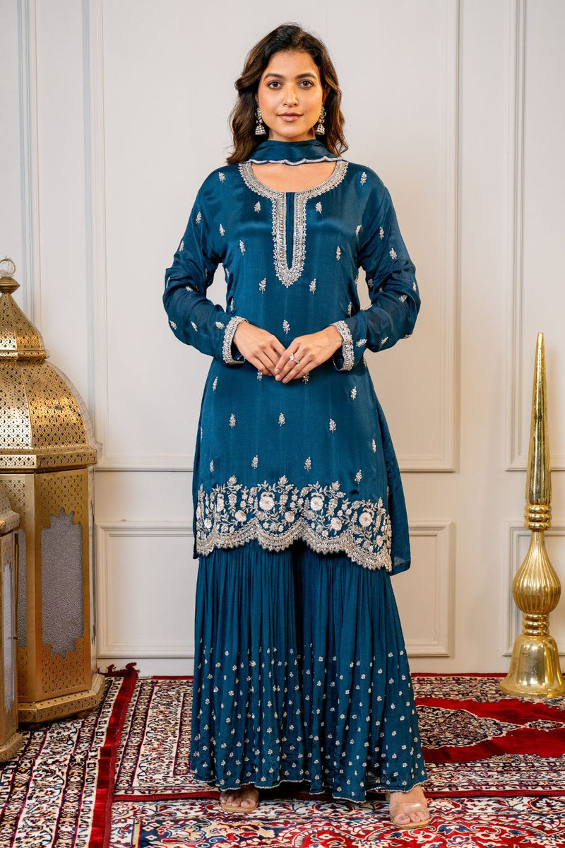 Navy Blue Silk Suit Set with Cutdana and Sequins Work