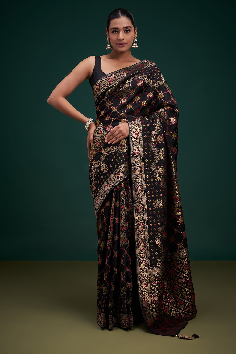Buy Black Dola Silk Saree with Elephant Motifs and Unstitched Blouse ...