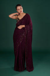 Buy Deep Wine Saree in Crush Shimmer Jimmy choo with Sequin & Thread ...